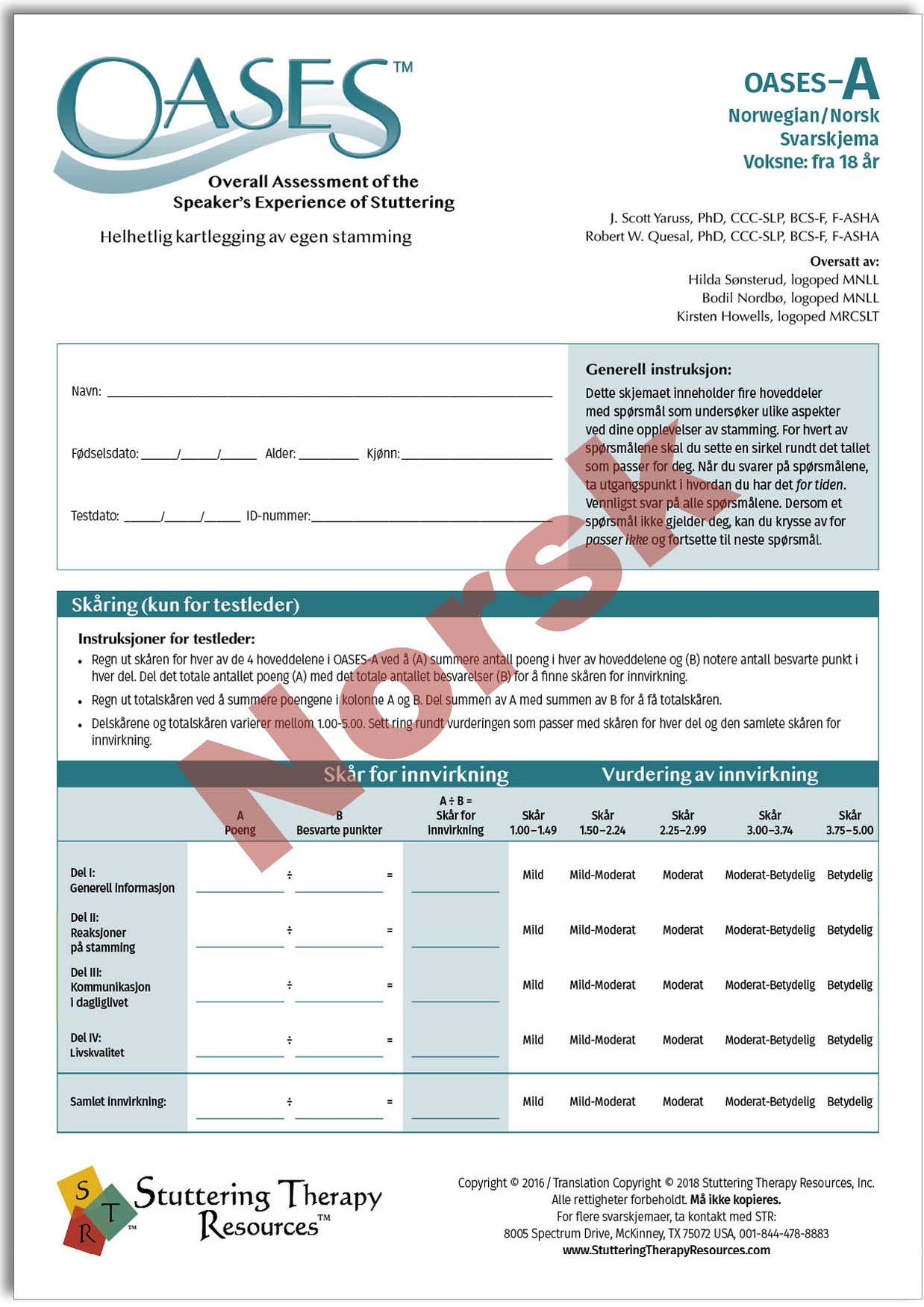 OASES Norwegian / Norsk (Print-Your-Own) – Stuttering Therapy Resources