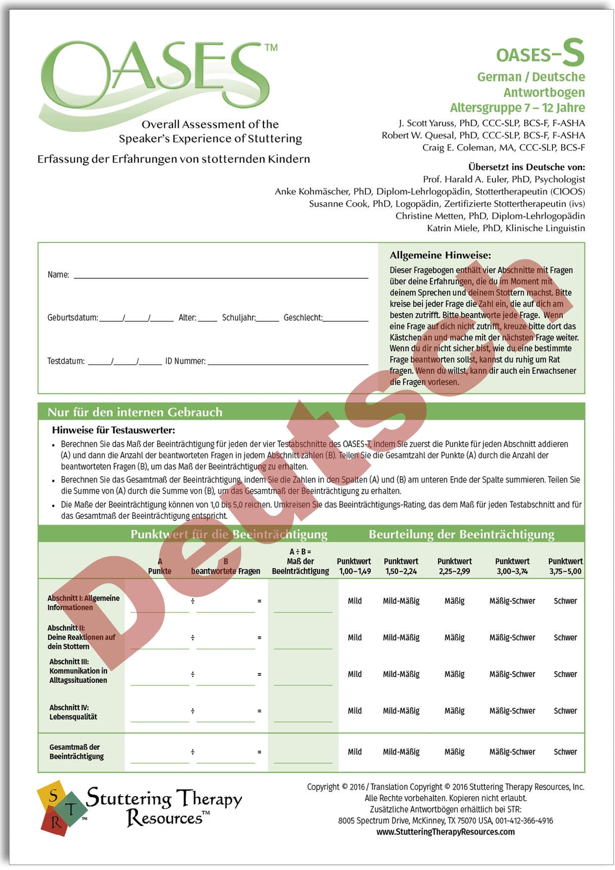 OASES German / Deutsch (Print-Your-Own) – Stuttering Therapy Resources