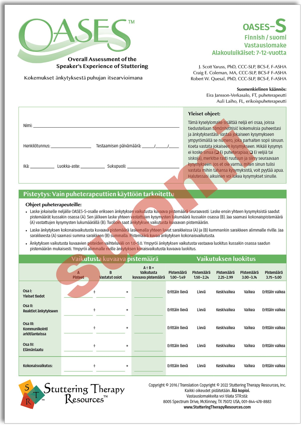 OASES Finnish / suomi (Print-Your-Own) – Stuttering Therapy Resources