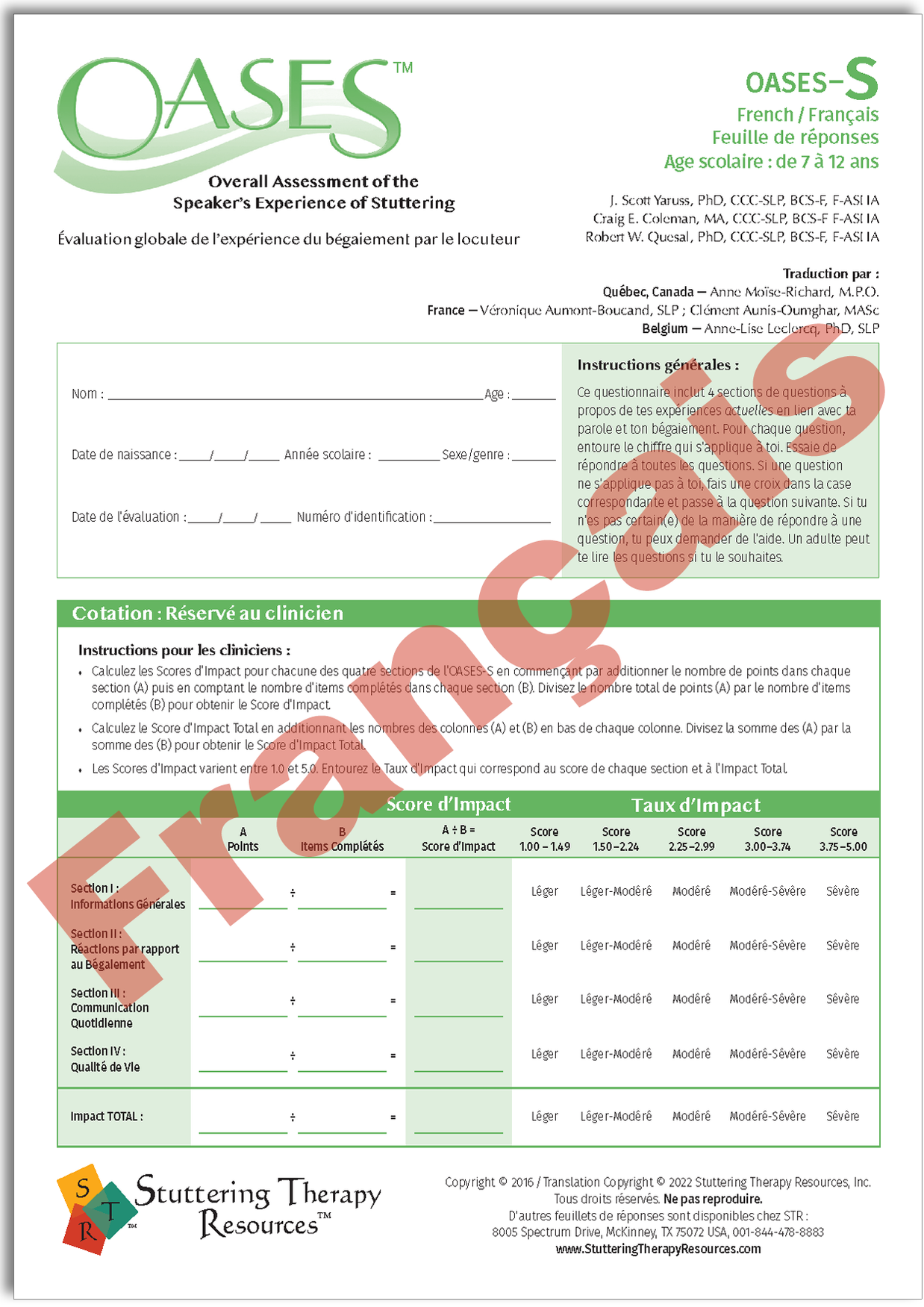 OASES French / Français (Print-Your-Own) – Stuttering Therapy Resources