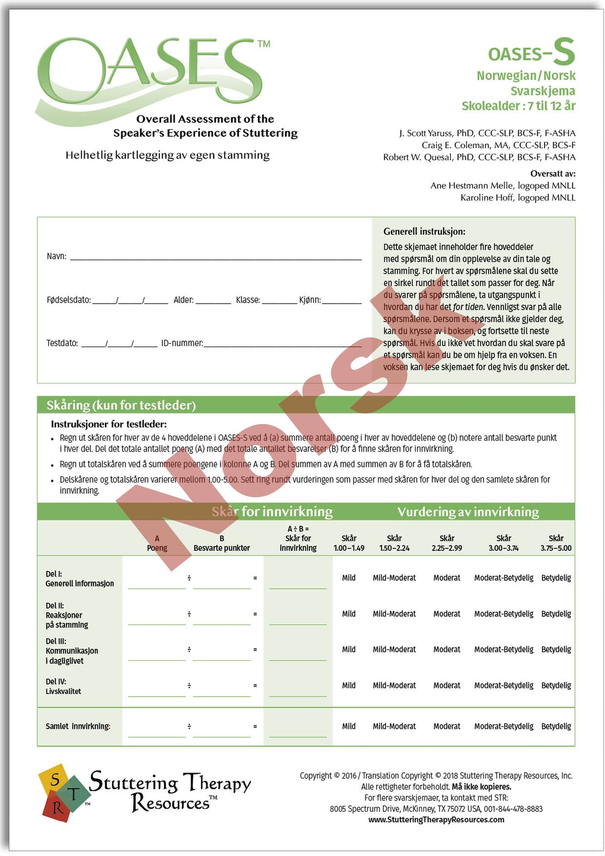 OASES Norwegian / Norsk (Print-Your-Own) – Stuttering Therapy Resources