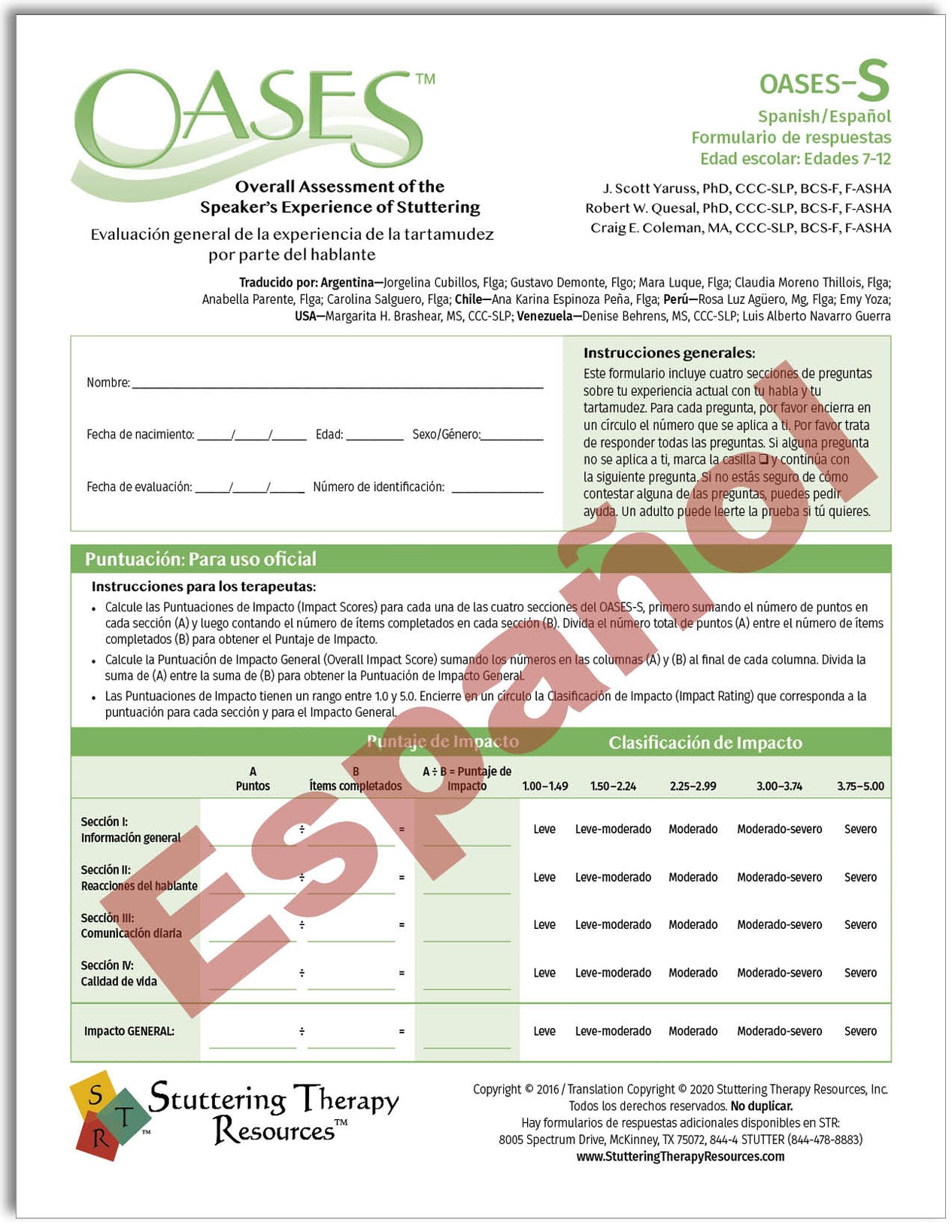 OASES Spanish / Español (Printed) – Stuttering Therapy Resources