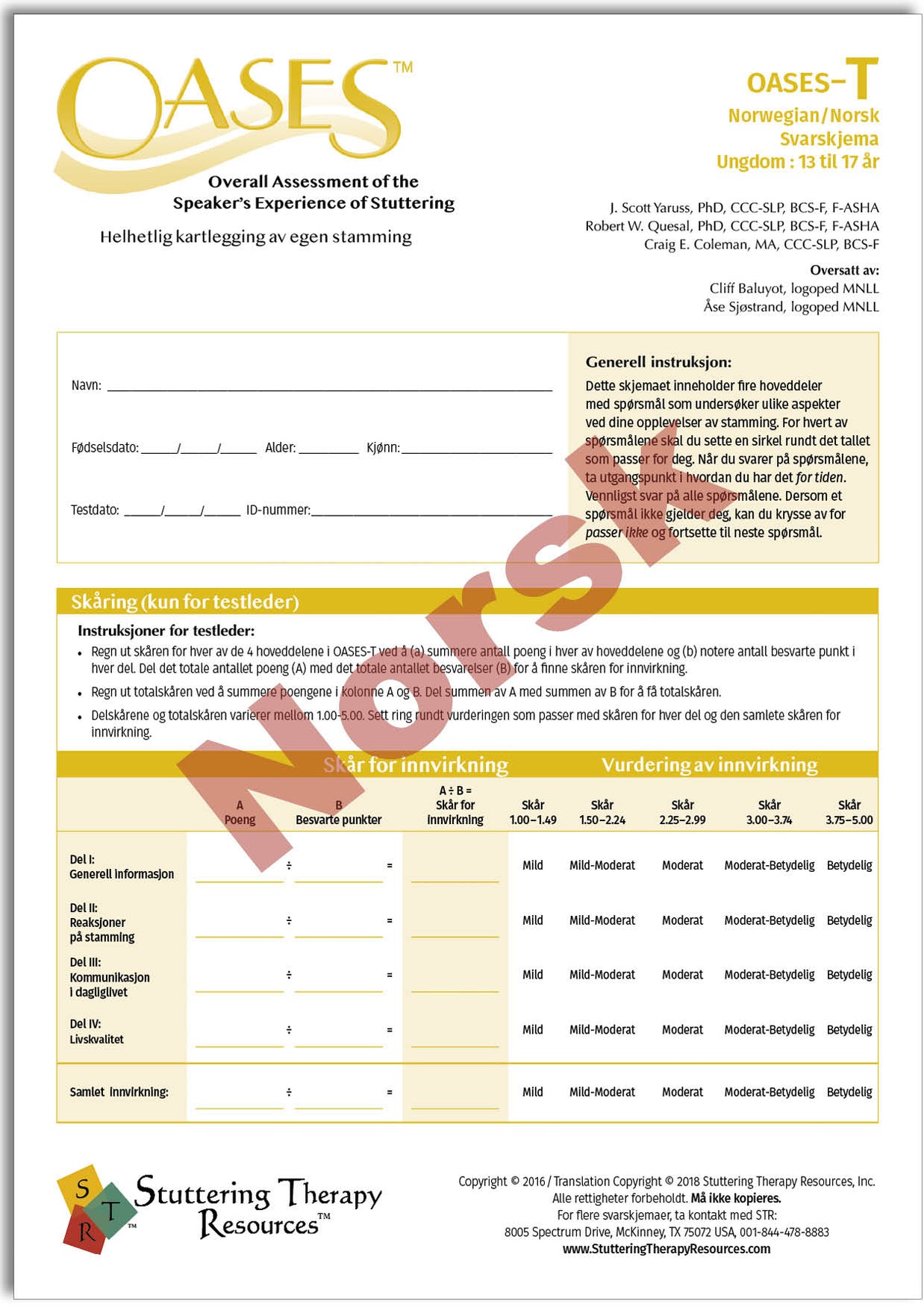 OASES Norwegian / Norsk (Print-Your-Own) – Stuttering Therapy Resources